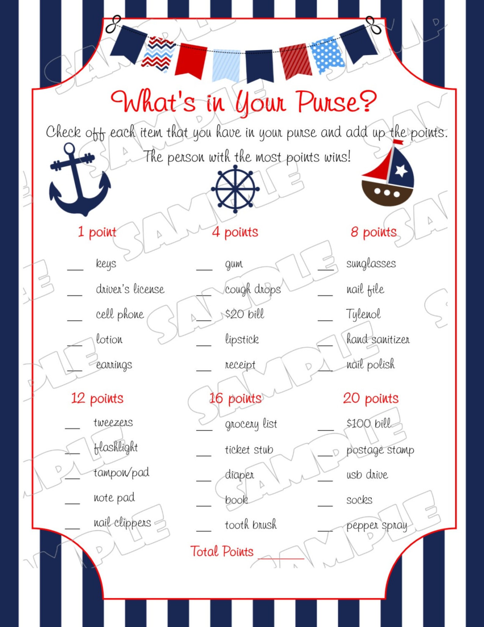 Nautical Anchor Baby Shower Games What's in Your Purse | Etsy