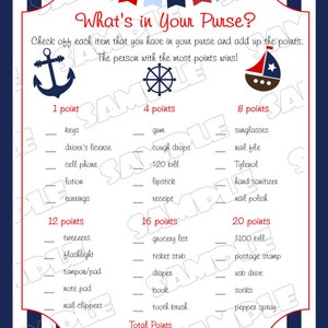 Nautical Anchor Baby Shower Games What's in Your Purse Game Printable ...