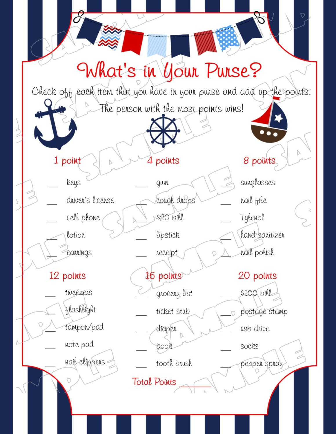 Nautical Anchor Baby Shower Games What's in Your Purse | Etsy
