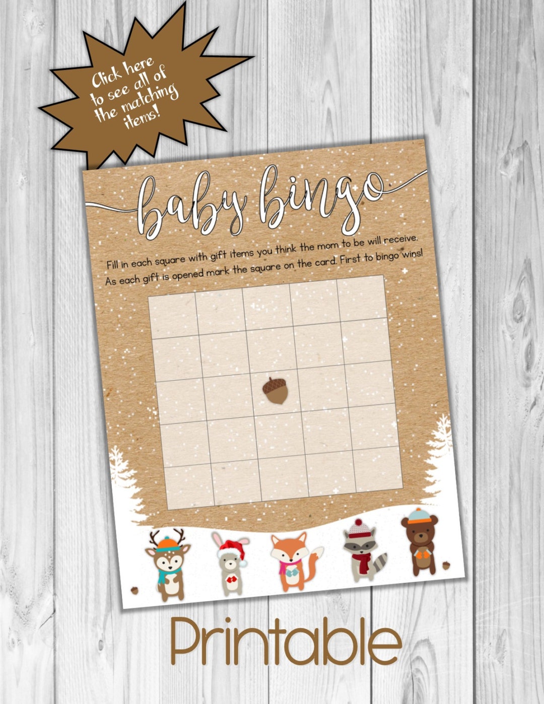 Winter Woodland Animals Bingo Baby Game Baby Shower Printable INSTANT ...