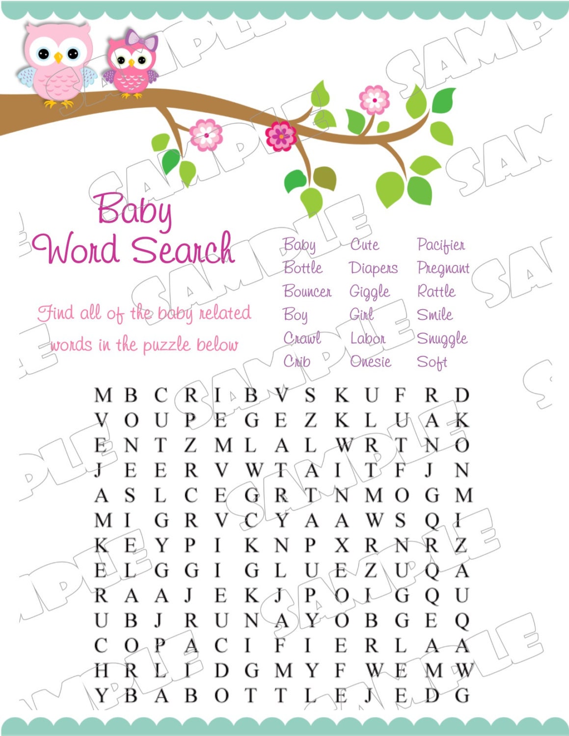 Pink Owl Baby Shower Games Owl Word Search Game Printable | Etsy