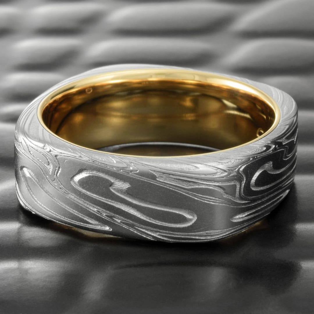 Damascus Steel Square Ring Men's Hand Crafted With 14k Yellow Gold ...