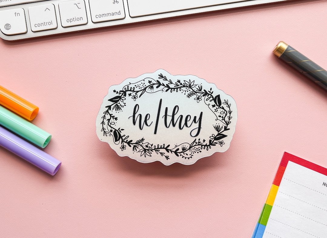 He/they Pronouns Floral Wreath Vaporware Sticker | Matte Holo Floral ...