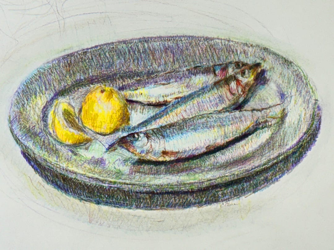 Signed Fish Still Life Drawing: Original Colored Pencil Art (15”x 12 ...