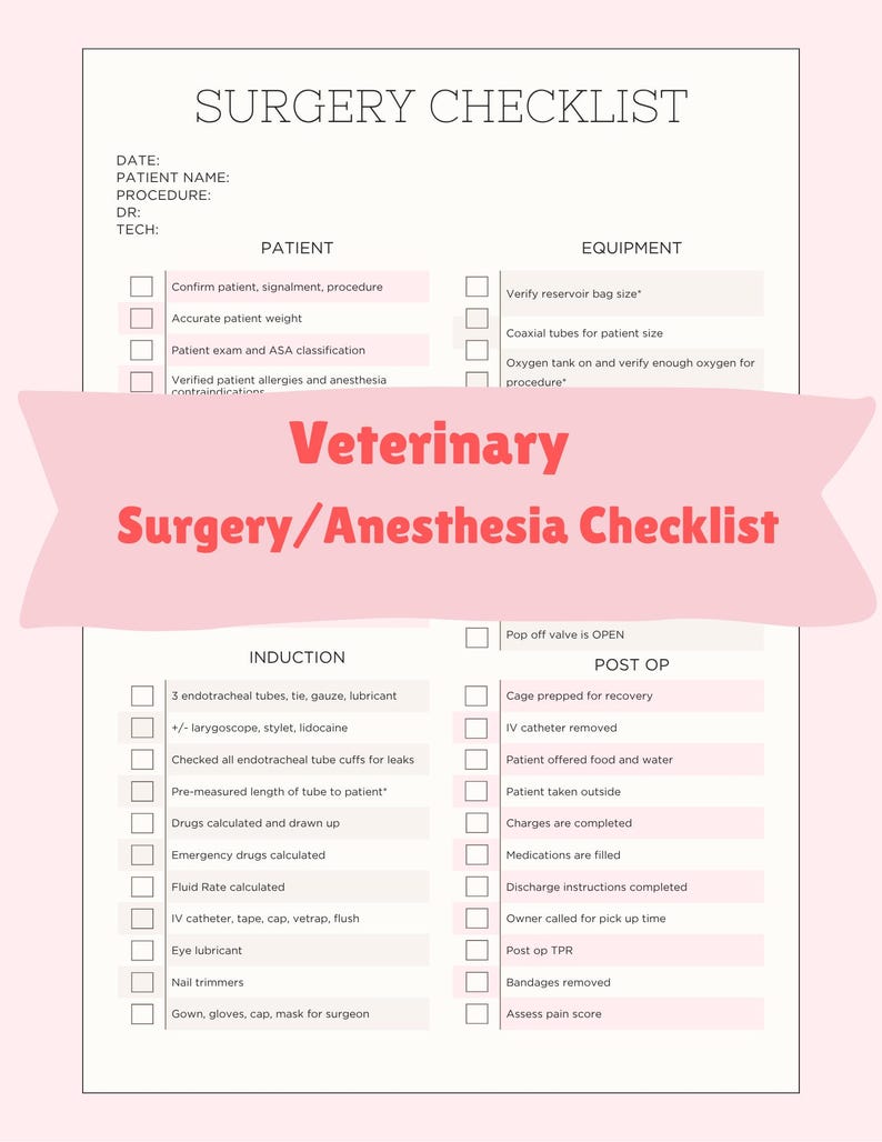 Veterinary Surgery and Anesthesia Checklist | Vet Tech Printable ...