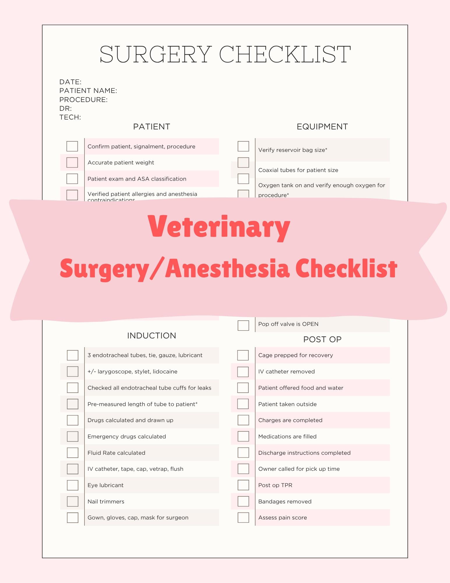 Veterinary Surgery and Anesthesia Checklist | Vet Tech Printable ...