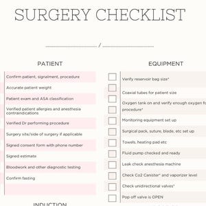 Veterinary Surgery and Anesthesia Checklist | Vet Tech Printable ...