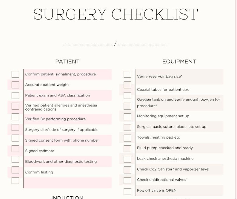Veterinary Surgery and Anesthesia Checklist | Vet Tech Printable ...