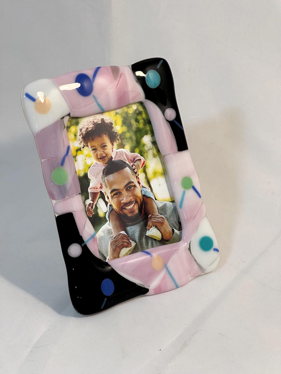 Handcrafted Fused Glass Photo Frame: Abstract Pink, White, and Blue ...