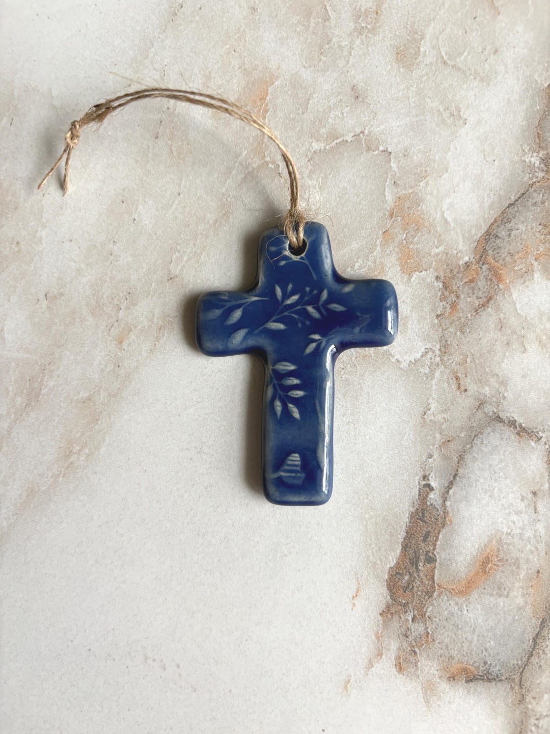 Handmade Blue Flower Design Ceramic Cross Ornament: Classy Clay ...