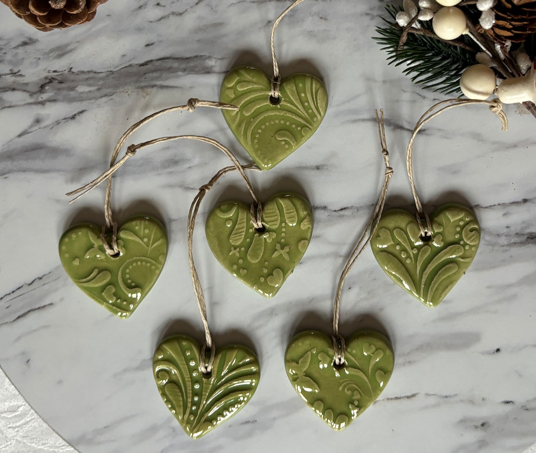 Set of Six Ceramics Hearts Christmas Ornaments Christmas Holiday Home ...