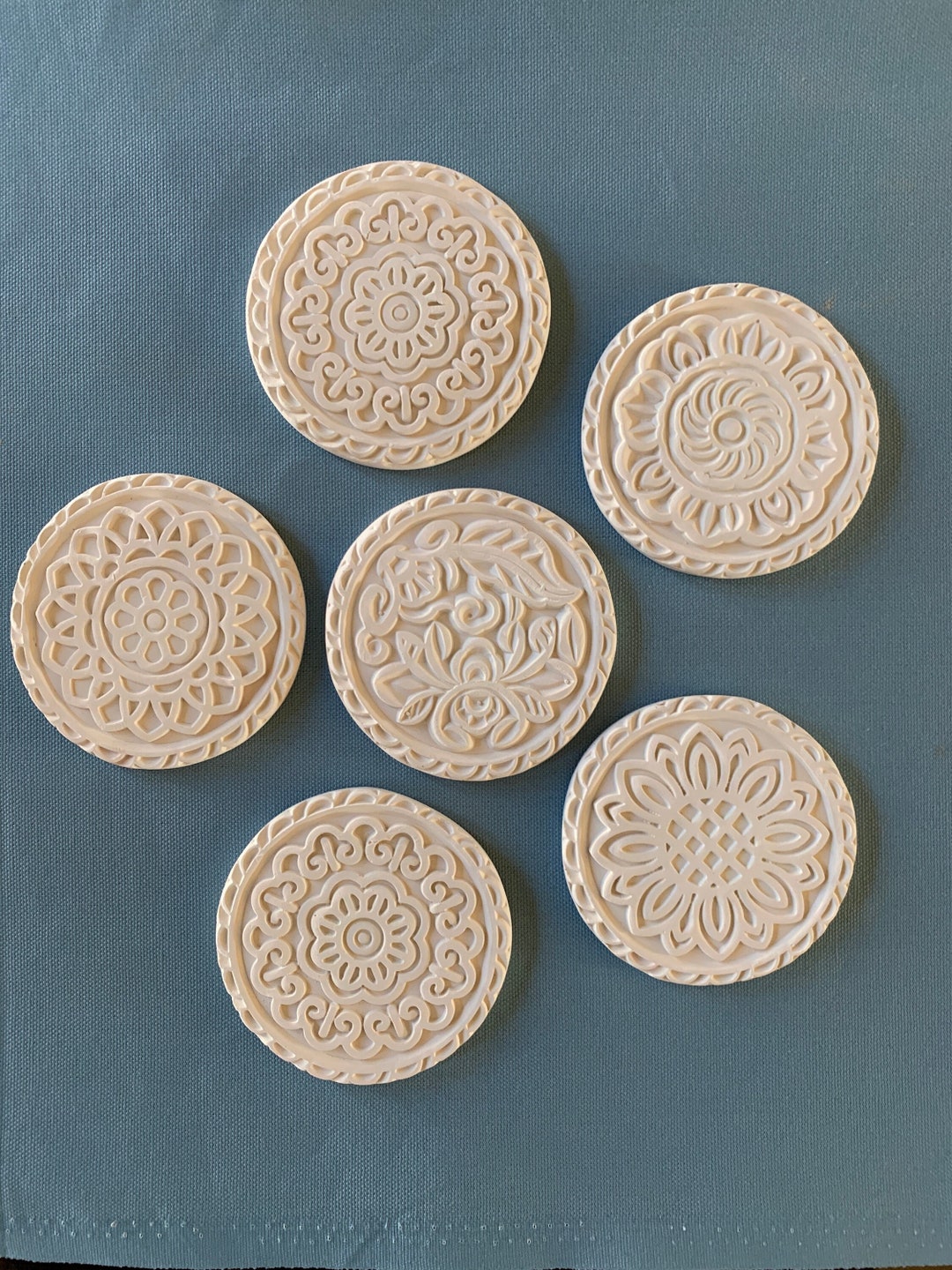 6 Bisque Round Assorted Textured Tile Coasters Handmade Pottery Classy ...
