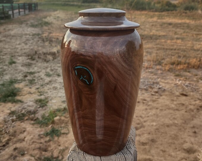 Black Walnut Urn With Threaded Lid / Genuine Turquoise Inlay / Adult ...