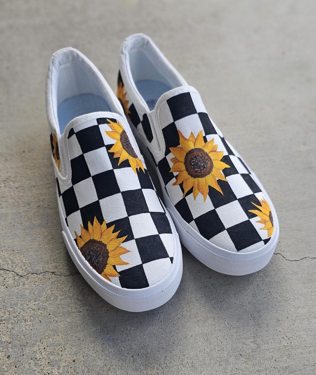 Custom Hand-painted Checkered Sunflower Shoes: Unique Sneakers - Etsy