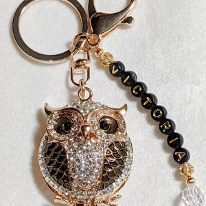 Keyring Owl Bling Black & Clear Rhinestones Personalize Name Gold ...