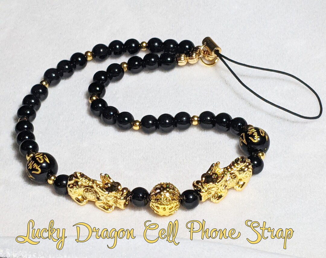 Lucky Dragon Cell Phone Strap Women Jewelry Gold Dragon Black Obsidian ...