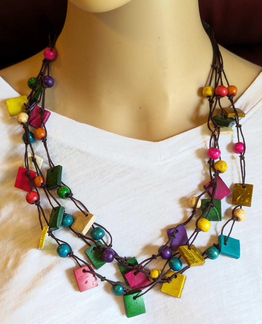 Ethnic Bohemian Handmade Multi Layer Colored Wood Beads Necklace ...