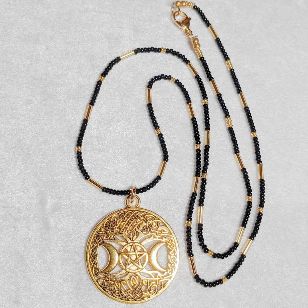 Triple Goddess Pentagram Necklace: Gold Wiccan Pendant, Celtic Tree of ...