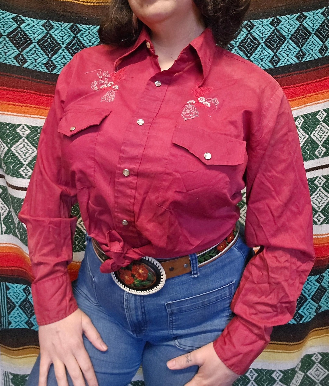 Vintage 60s Red Western Shirt With White Embroidered Floral Accents - Etsy