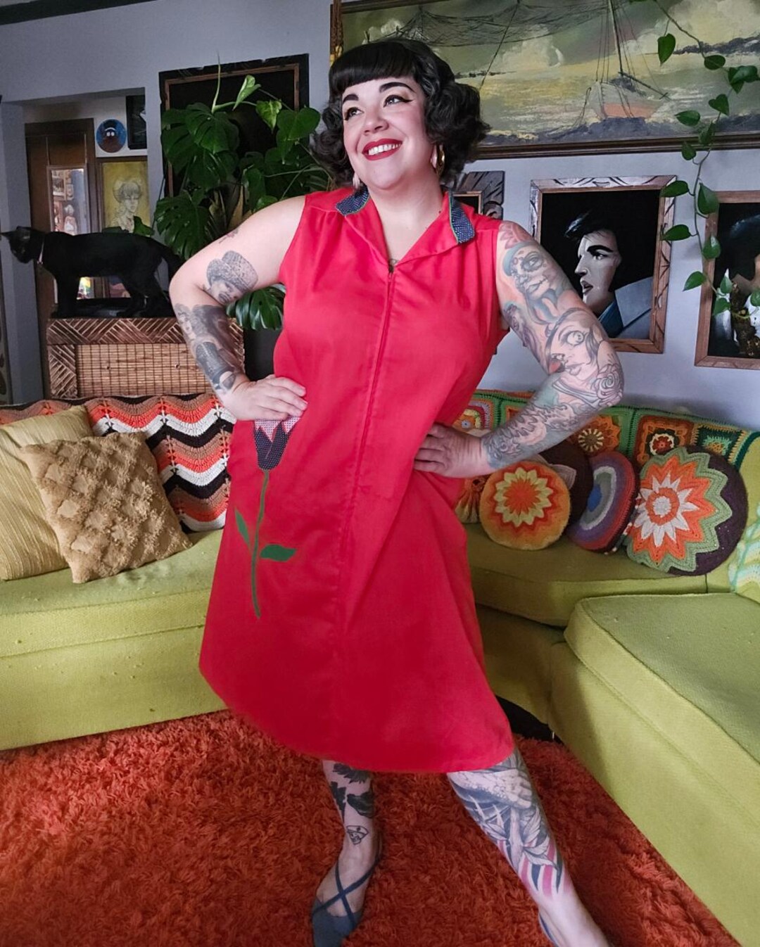 Vintage Volup XL Danville Red House Dress With Tulip Cotton Polyester ...