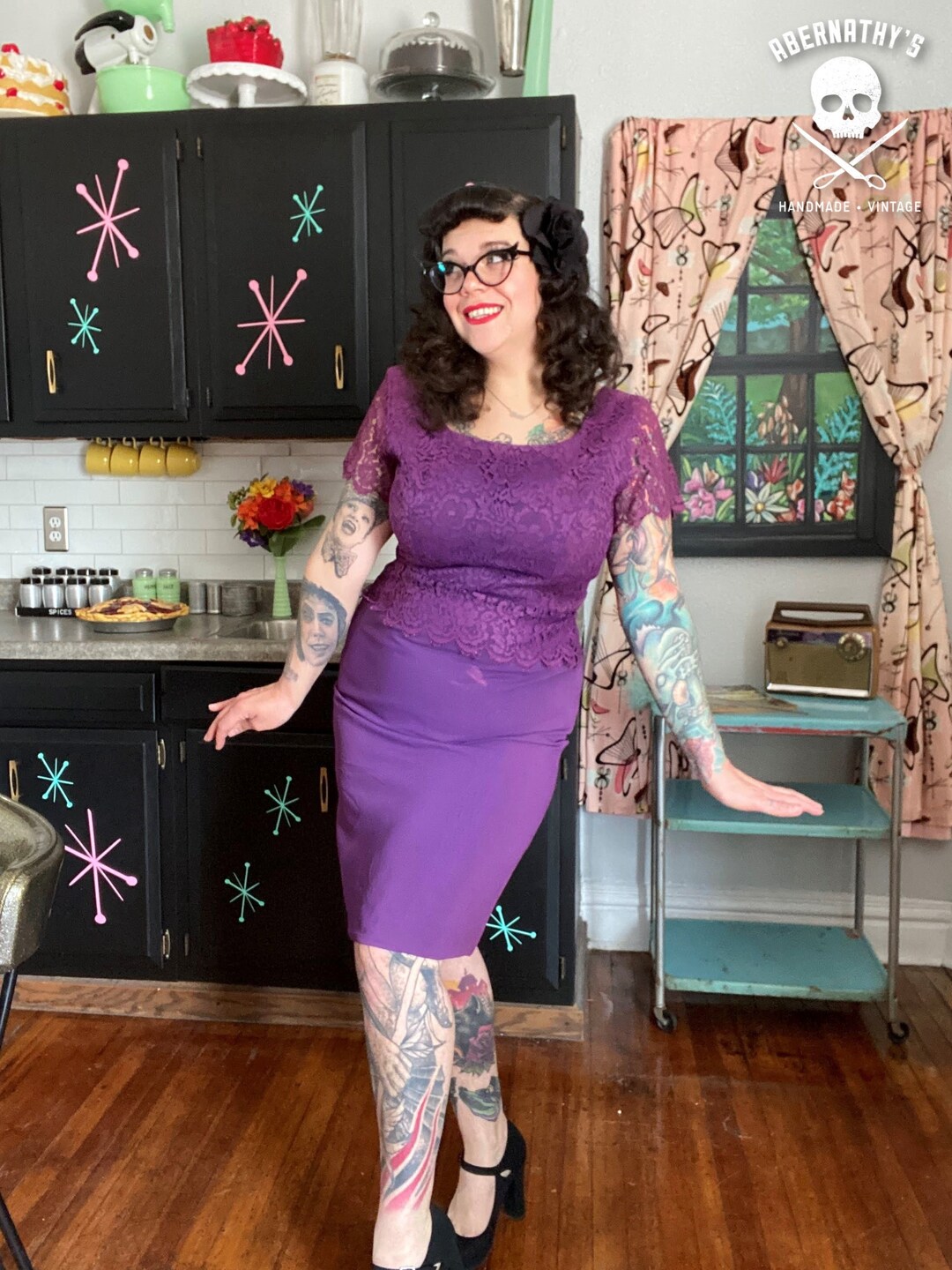 Vintage 1960's Handmade Plus Size XL Purple Lace Wiggle Dress With Lace Bodice Cool Dark Evening ...