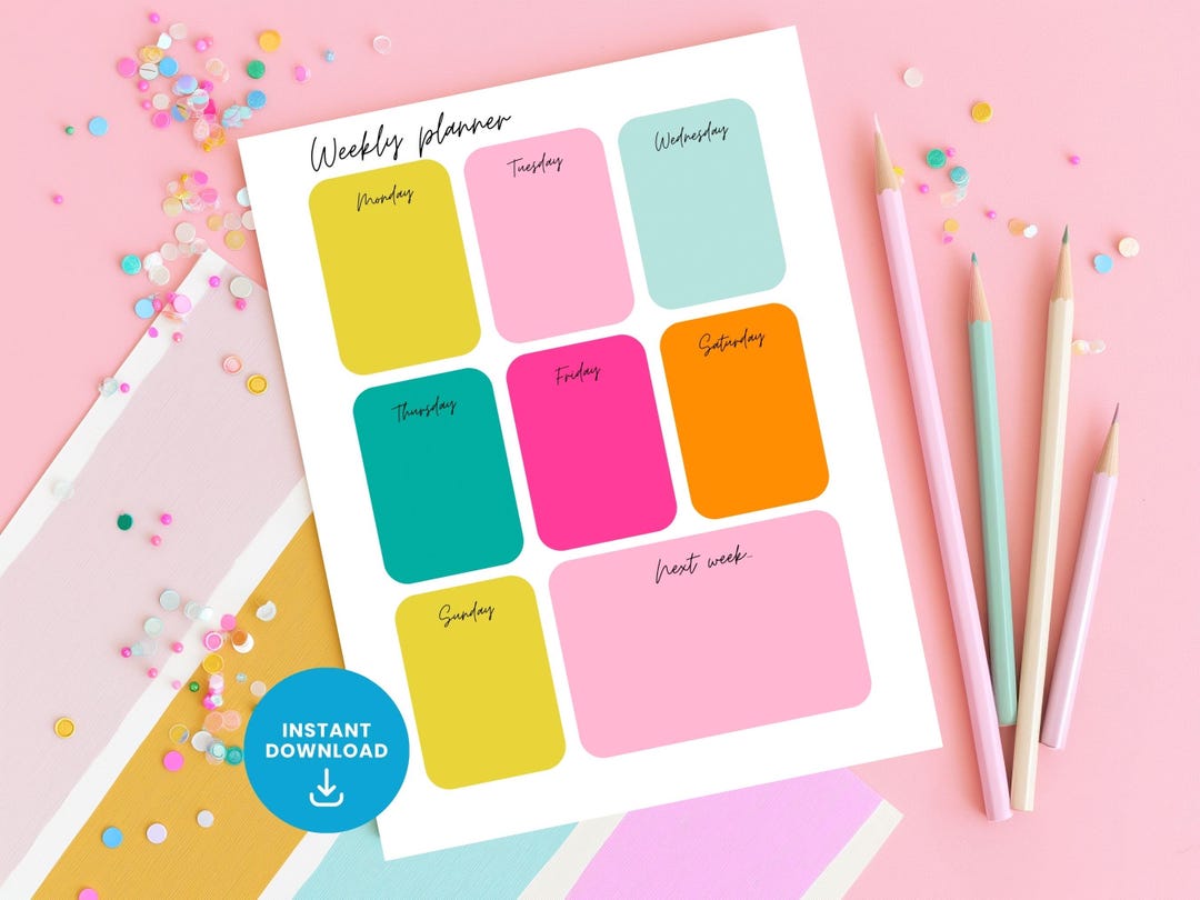 Colorful Weekly Planner Printable: Minimalist Organizer (US Letter ...