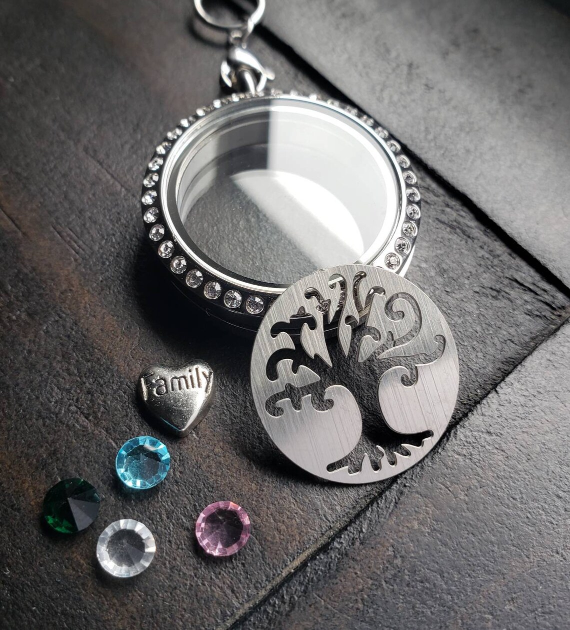 Family Tree Floating Locket Necklace: Stainless Steel, Birthstone ...