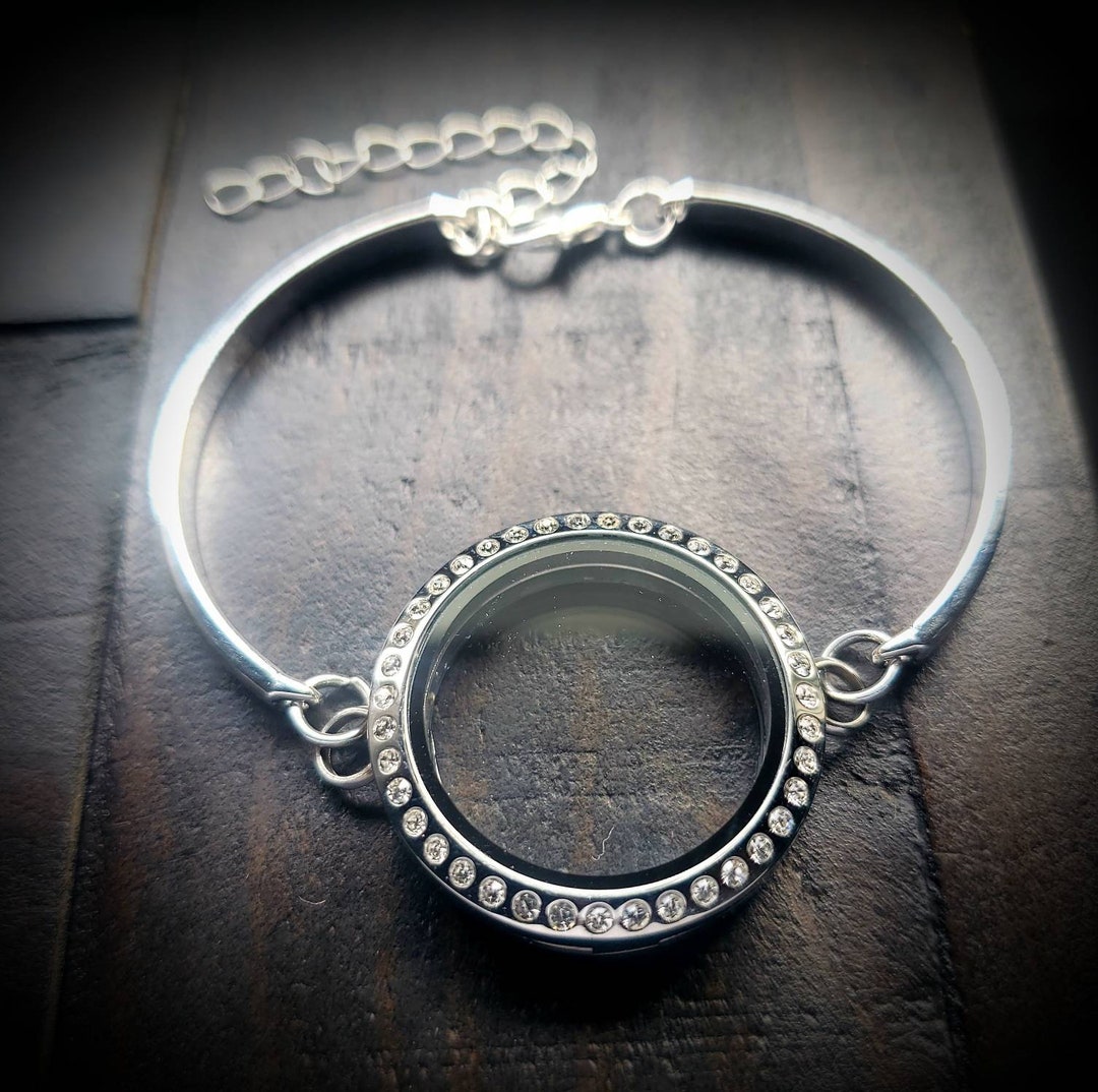 Silver Stainless Steel Floating Locket Bar Bracelet - Crystal Face ...