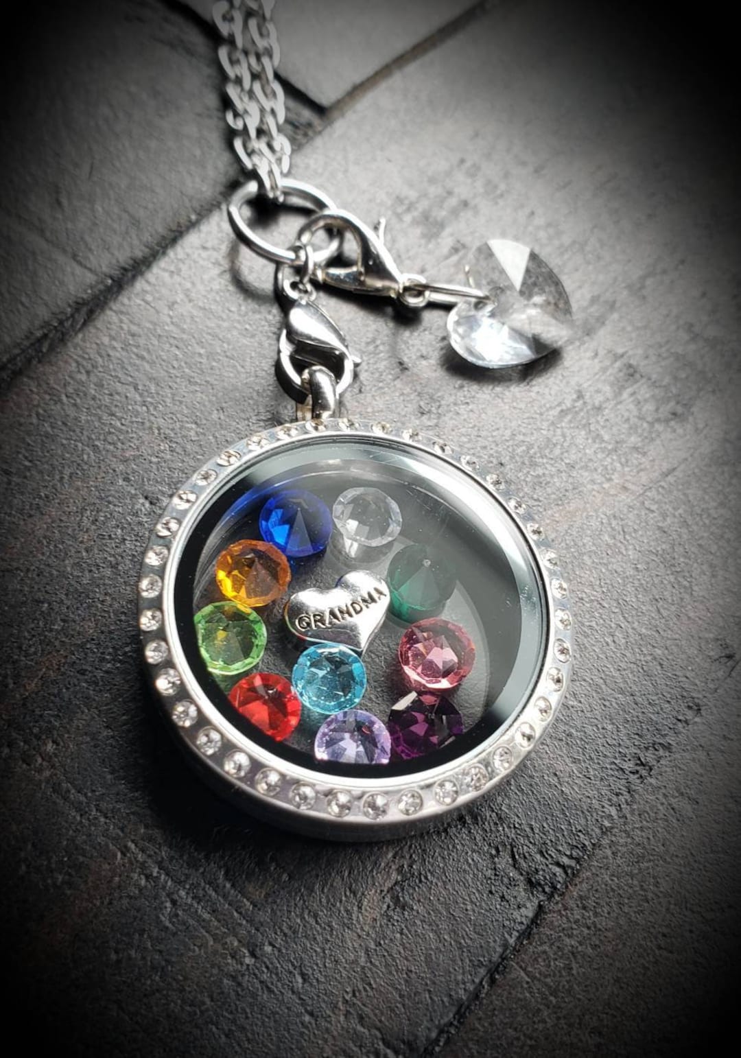 Grandma Floating Locket Necklace includes Large Locket Chain Grandma Charm add up to 16 Birthstones great Gift Idea Etsy