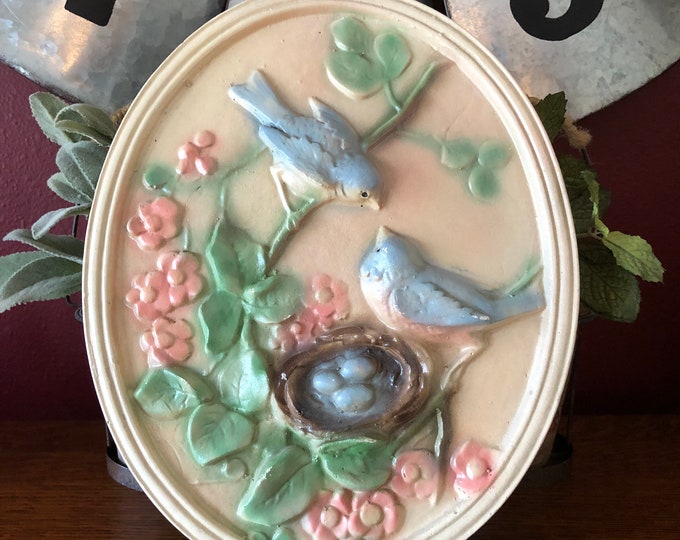 Oval Chalkware Blue Bird Pink Flowers Wall Hanging. Pair of Blue Birds ...