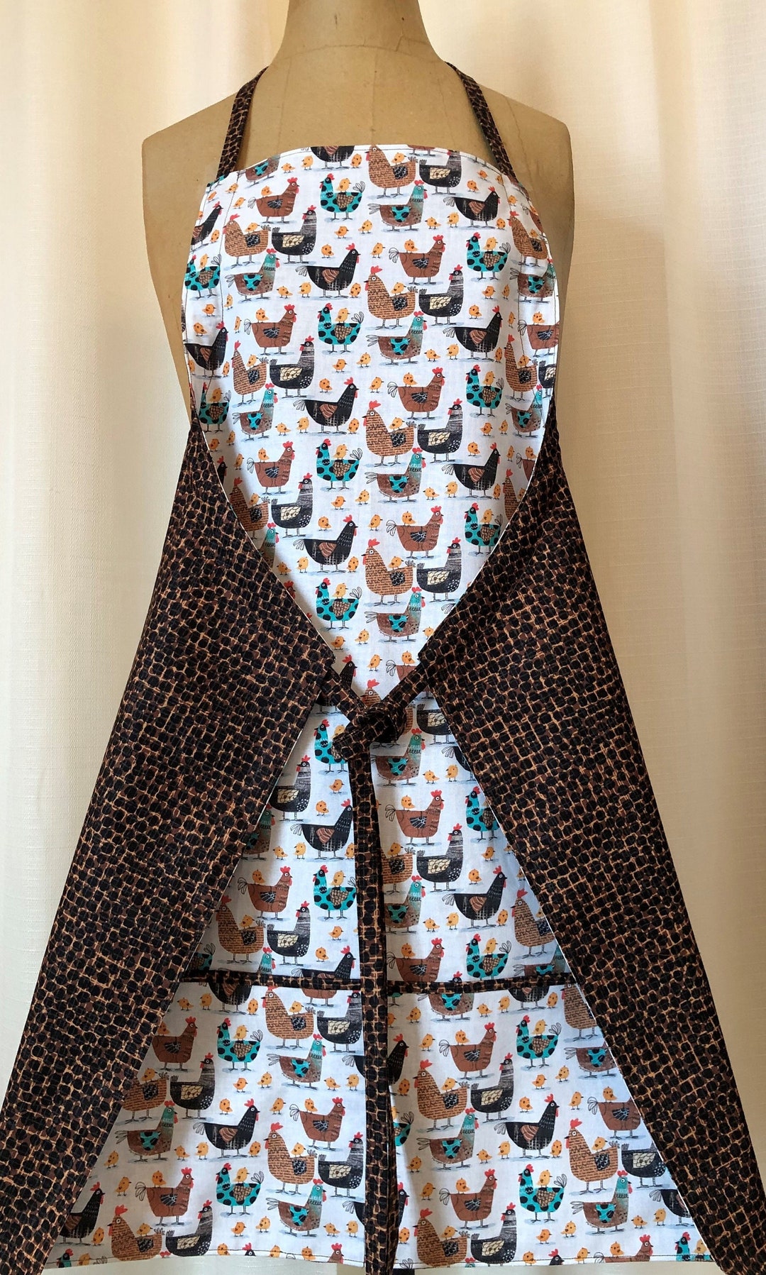 Farm Hens & Chicks Apron, Reversible W/pockets, Extra Long Ties, One ...
