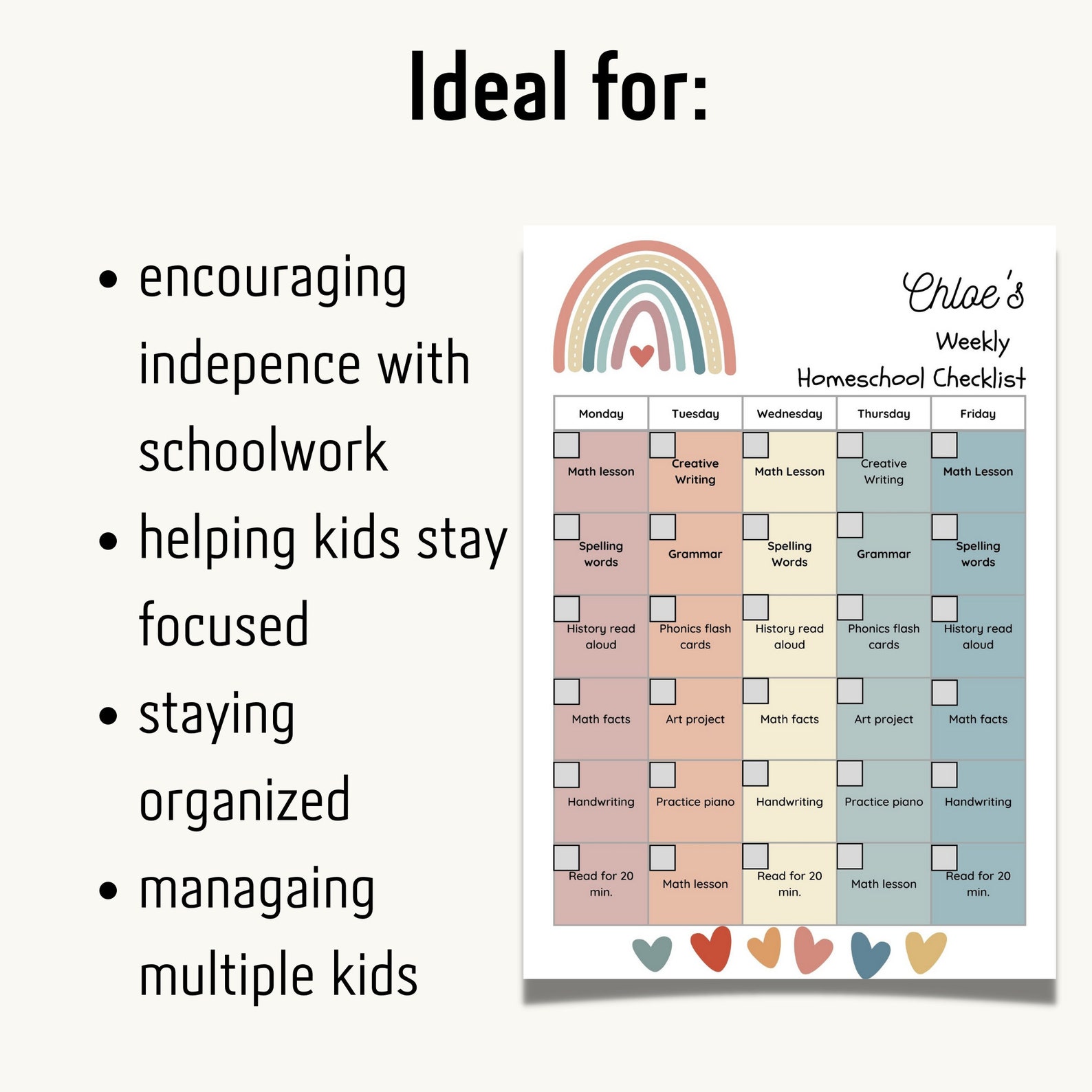 Editable Weekly Homeschool Checklist | Rainbow Boho Homeschool ...