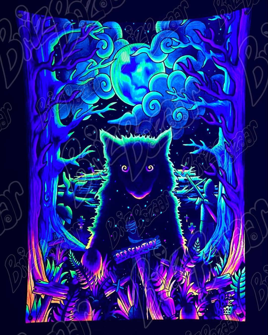 Blacklight Horror Tapestry / UV Reactive Art / Neon Horror Art / Trippy ...