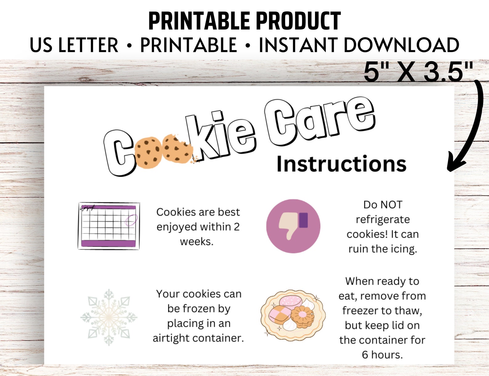 Simple Cookie Care Card Instructions 3.5x5 Printable Digital Download ...