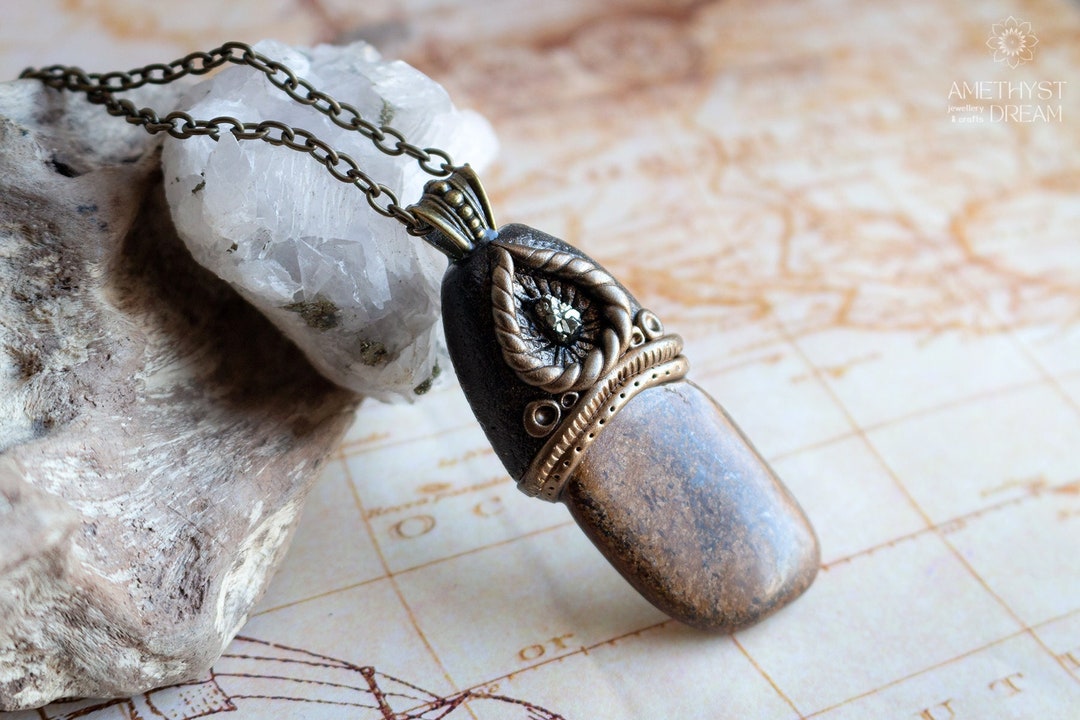 Bronzite and Pyrite Gemstone Pendant Hand Sculpted Polymer Clay Jewelry ...