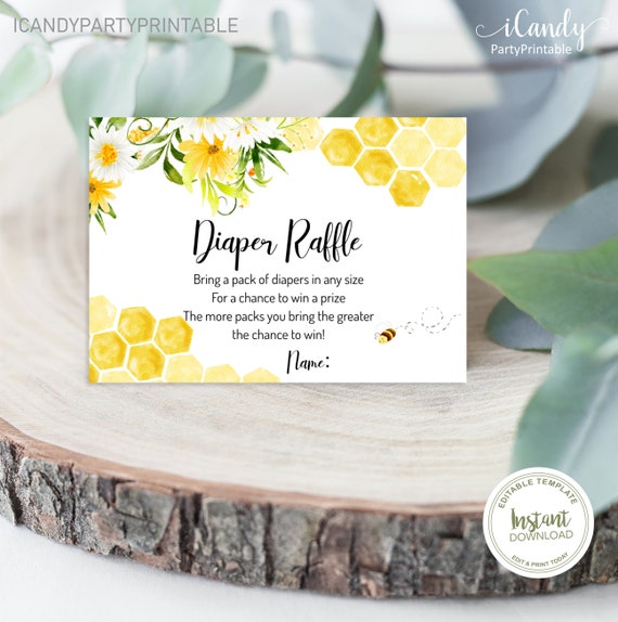 Editable Bee Baby Shower Diaper Raffle Card, Diaper Raffle Baby Shower ...
