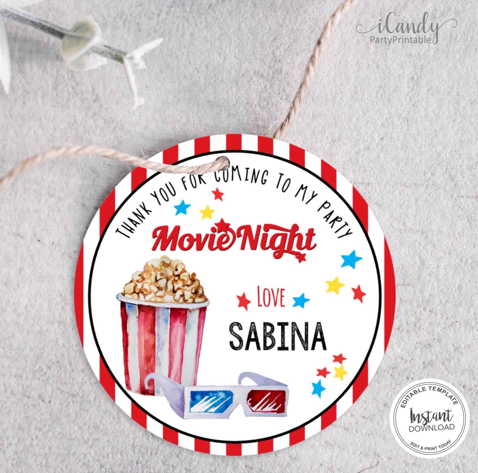 Movie Night Favor Tags Editable Movie Night Tags Cinema - Etsy