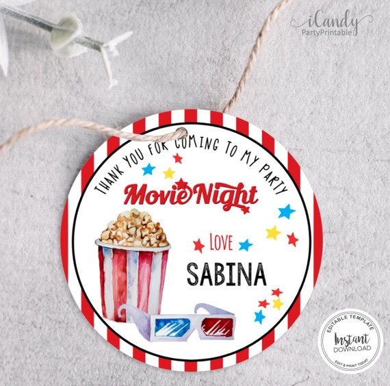 Movie Night Favor Tags, Editable Movie Night Tags, Cinema Birthday ...