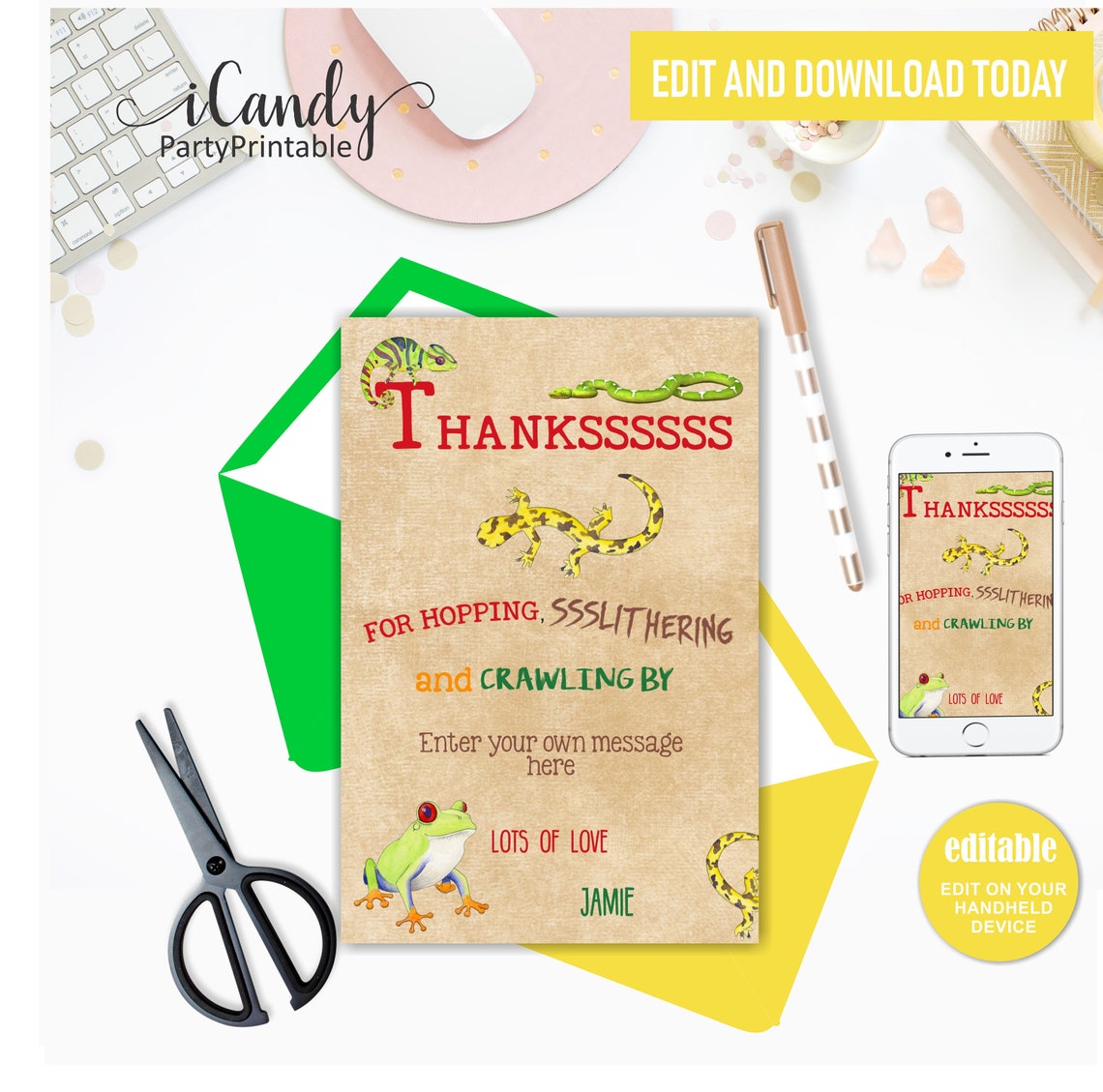 Reptile Party Thank You Printable Card Editable Thank You - Etsy