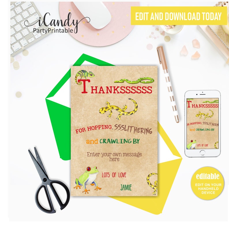 Reptile Party Thank You Printable Card Editable Thank You - Etsy