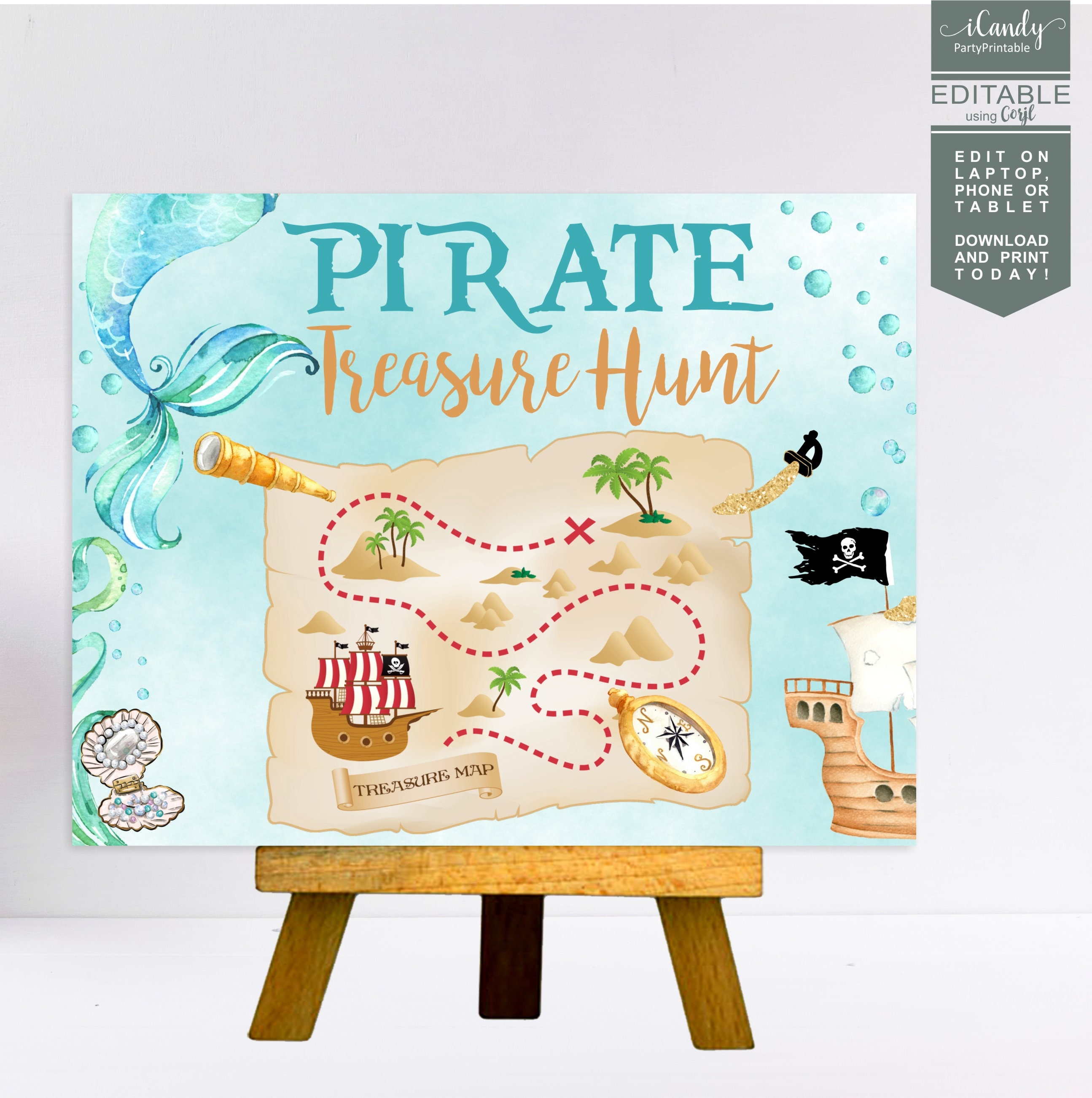 Mermaid and Pirate Treasure Hunt Sign Treasure Hunt Mermaid | Etsy