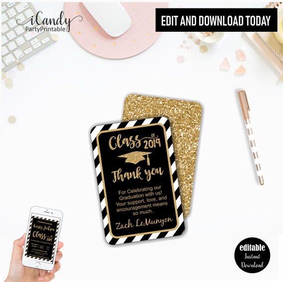 Graduation Thank you Cards, Thank you Tags, Black and Gold Graduation ...