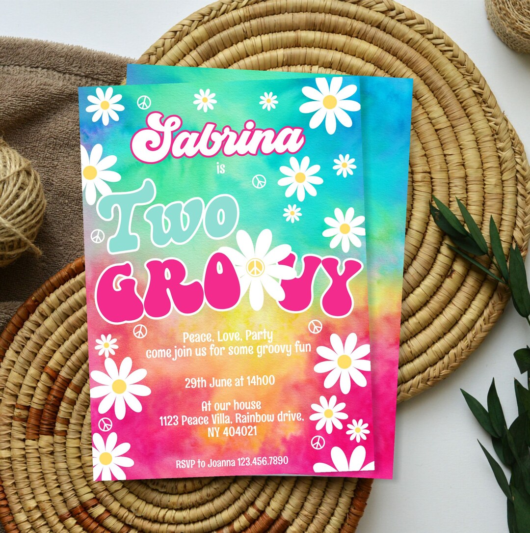 Two Groovy Birthday Invitation, Tie Dye Hippie Birthday Party, Retro ...