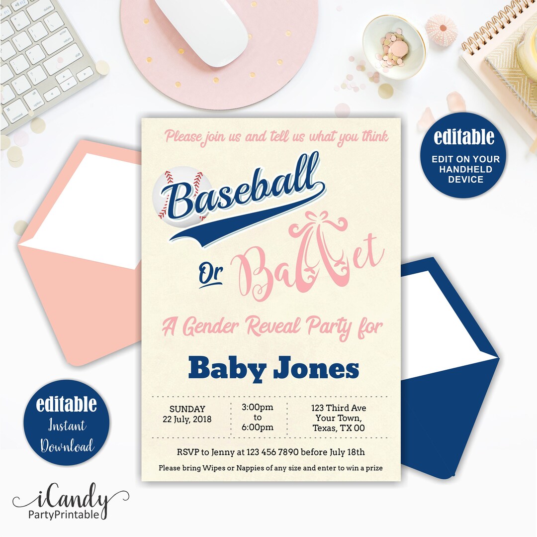 Baseball or Ballet Gender Reveal Invitation, Editable Instant Download ...