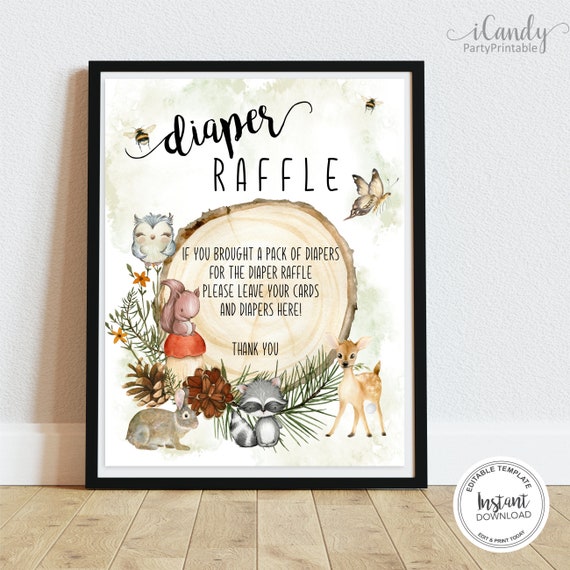 Baby Shower Diaper Raffle Sign, Woodland Animal Baby Shower Signs ...