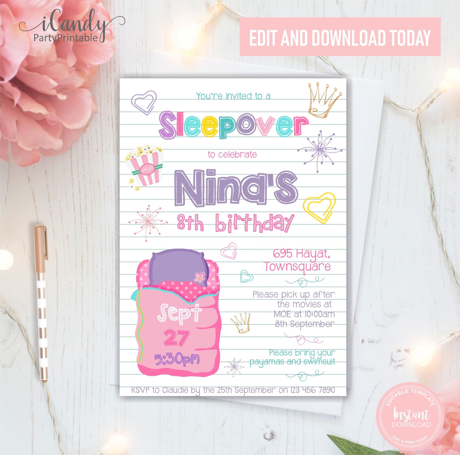 Sleepover Party Invitation for a Girl Slumber Party Editable | Etsy