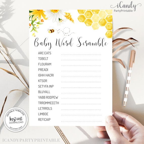 Bee Baby Shower Word Scramble, Baby Shower Games, Bumble Bee Baby ...