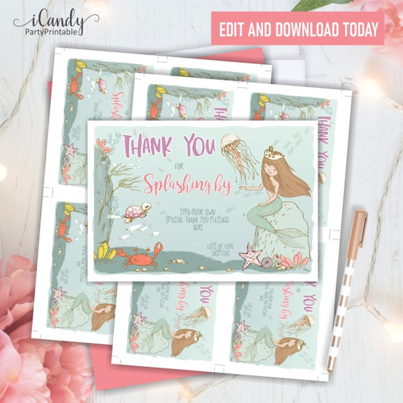 Thank You Cards, Mermaid, Editable, Printable, Instant Download, by ...