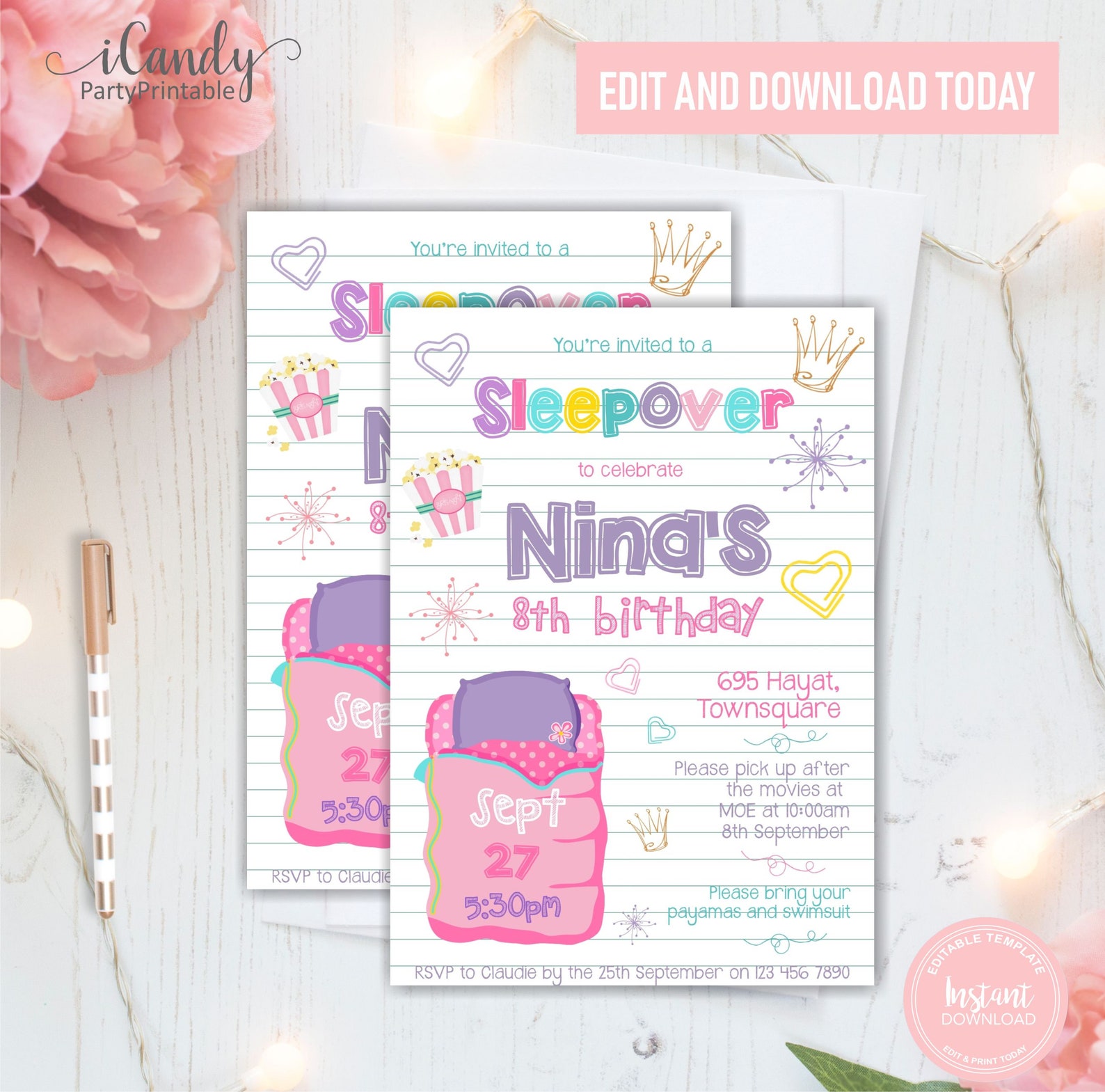 Sleepover Party Invitation for a Girl Slumber Party Editable - Etsy