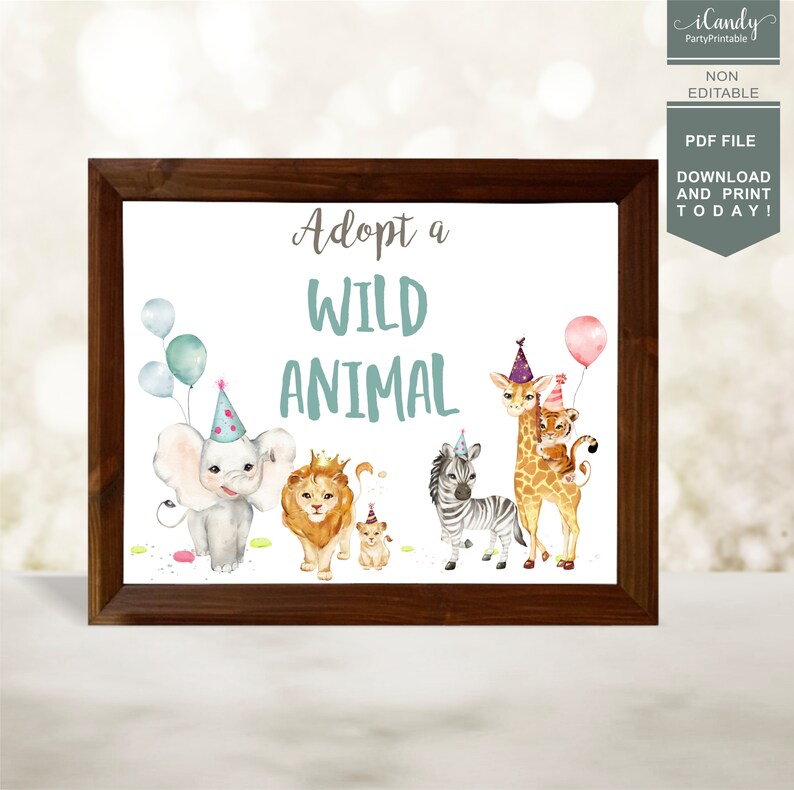 Adopt an Animal Birthday Sign Adopt a Wild Animal Table Sign - Etsy